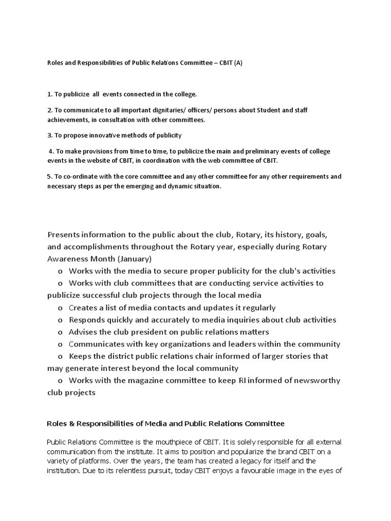 Roles and Responsibilities of Public Relations Committee | PDF | Public ...