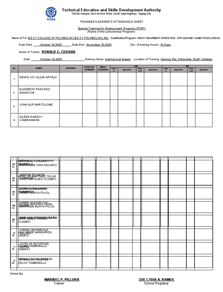 TESDA Trainees Attendance Sheet for Heavy Equipment Operation Program ...