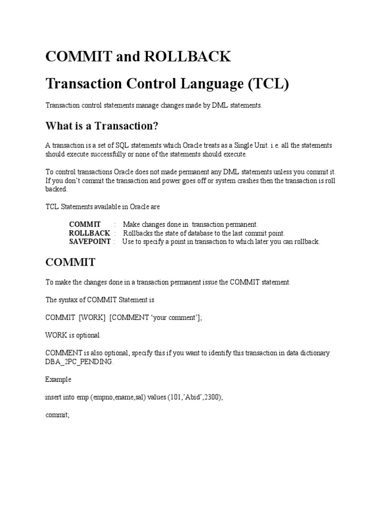 Chapter 5 COMMIT and ROLLBACK TCL | PDF