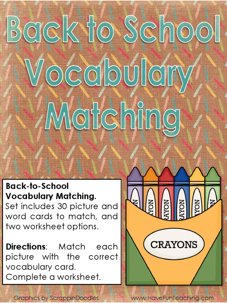 Back-to-School Vocabulary Matching.: Set Includes 30 Picture and Word ...