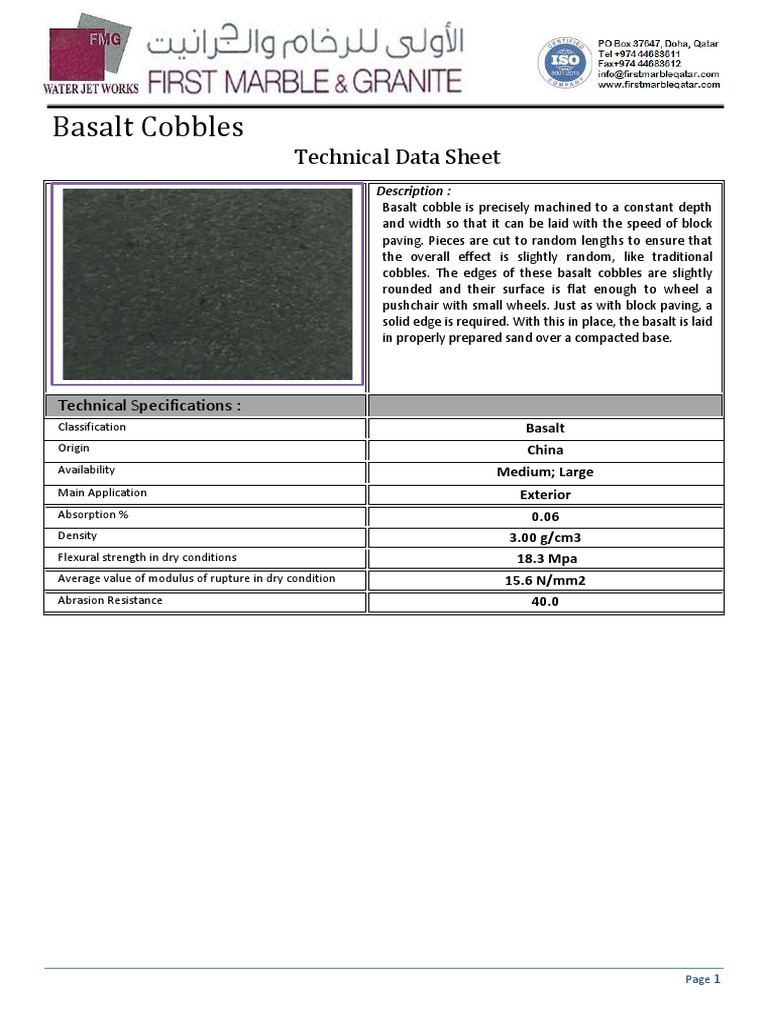 Basalt Cobbles Technical Data Sheet - Machined Stone Paving Specs | PDF