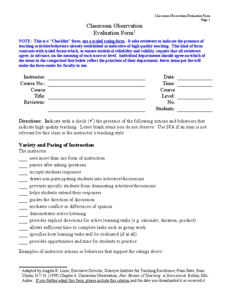 Classroom Observation Checklist Form | PDF | Reinforcement | Classroom