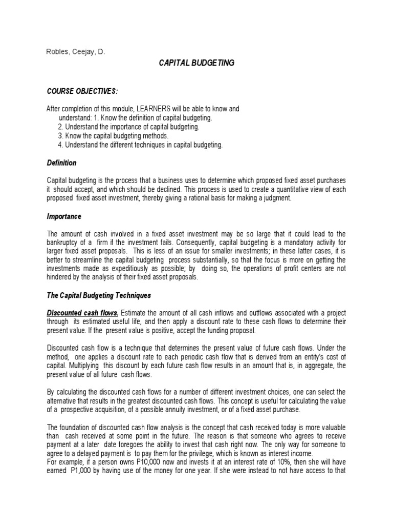 Module Capital Budgeting | PDF | Net Present Value | Internal Rate Of ...
