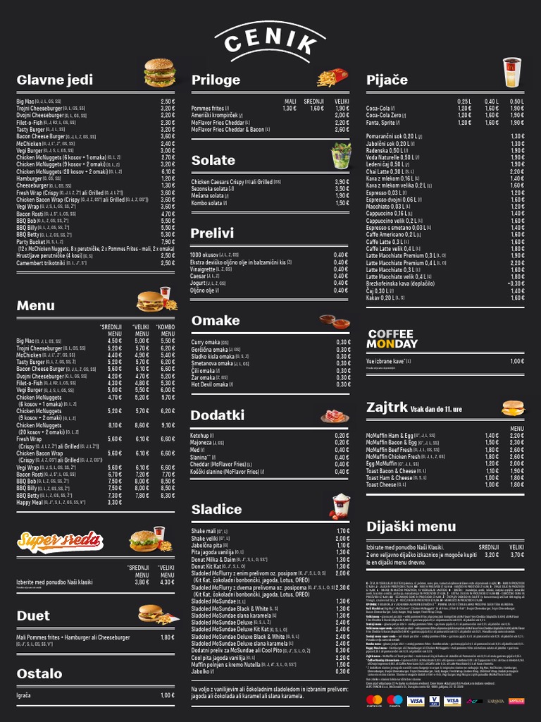 McDonald's Menu with Nutritional Information and Allergen Labels | PDF ...
