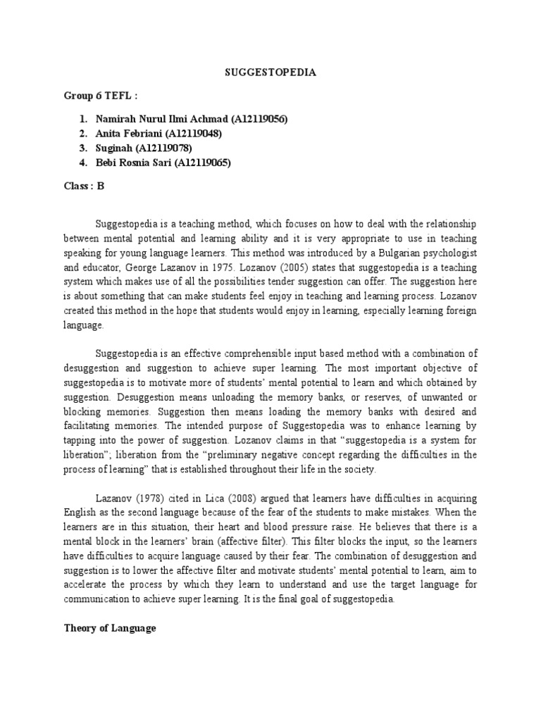 Group 6 TEFL - Suggestopedia | PDF | Classroom | Teachers