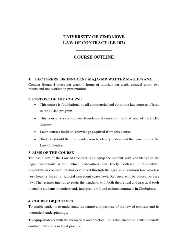 Law of Contract Course Outline - lb102 - 2021 | PDF | Breach Of ...