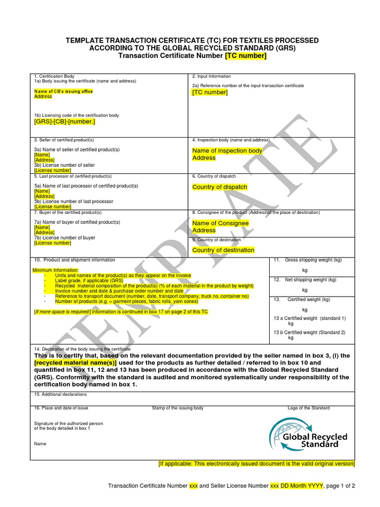 GRS 205 V2.1 Template For Transaction Certificate GRS | PDF | Invoice ...