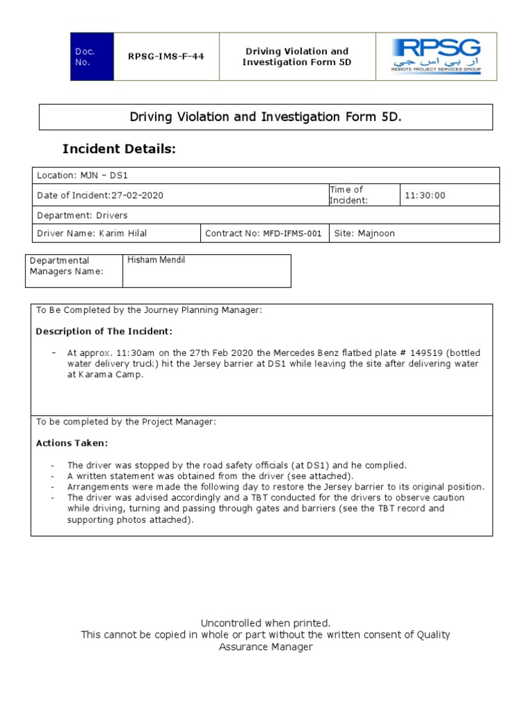 Driving Violation and Investigation Form 5D 27-02-20 | PDF | Transport ...