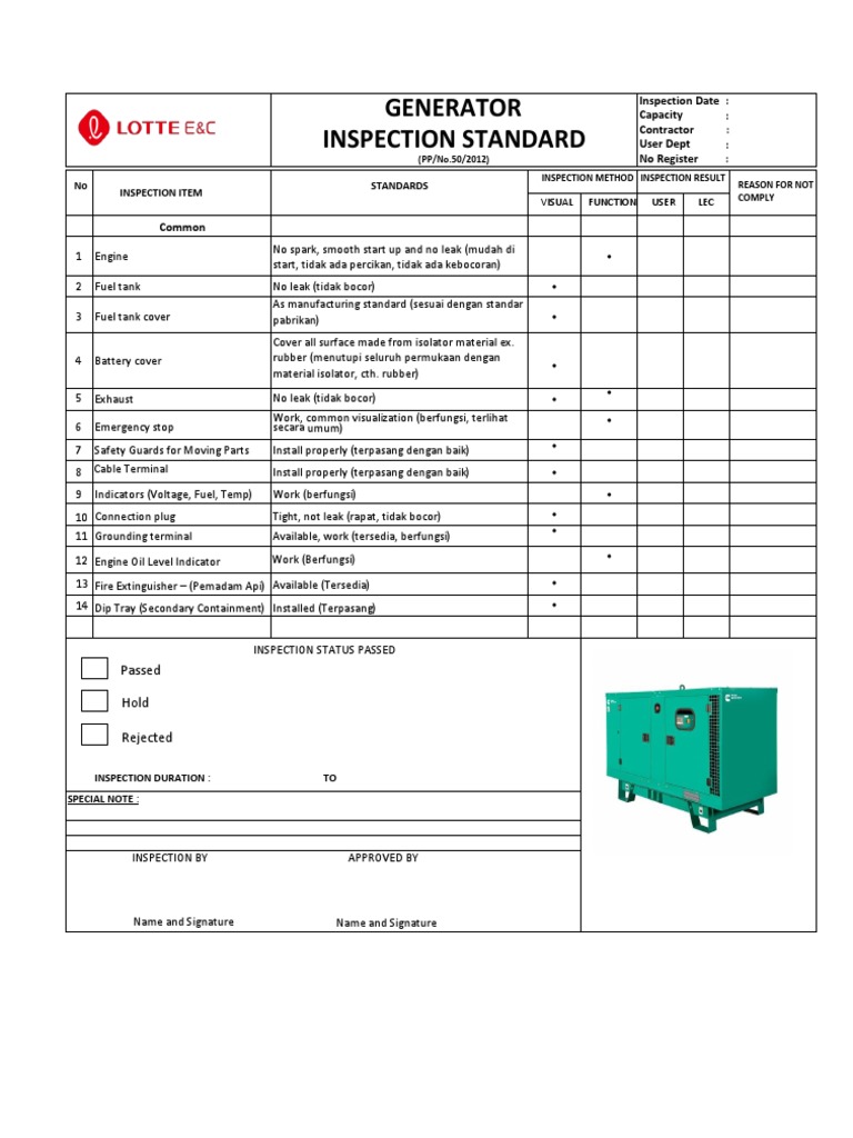 Generator Inspection Report Documenting Compliance with Safety ...