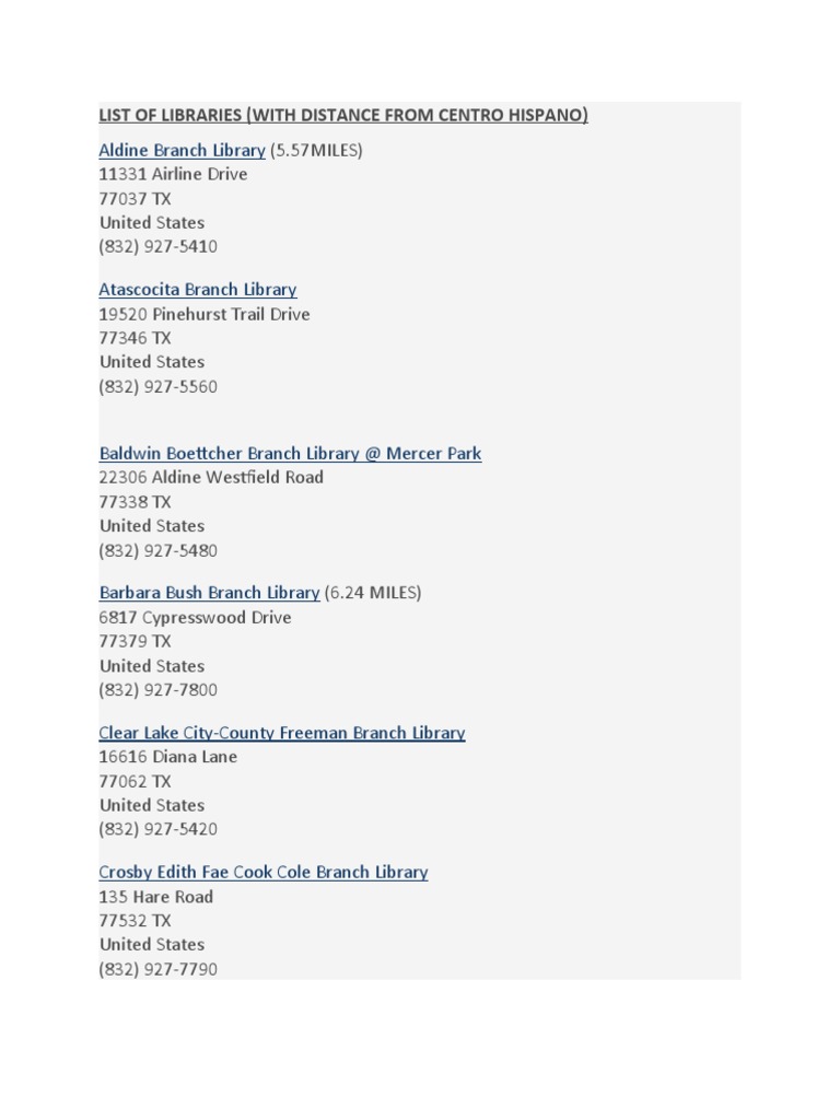 Aldine Branch Library: List of Libraries (With Distance From Centro ...