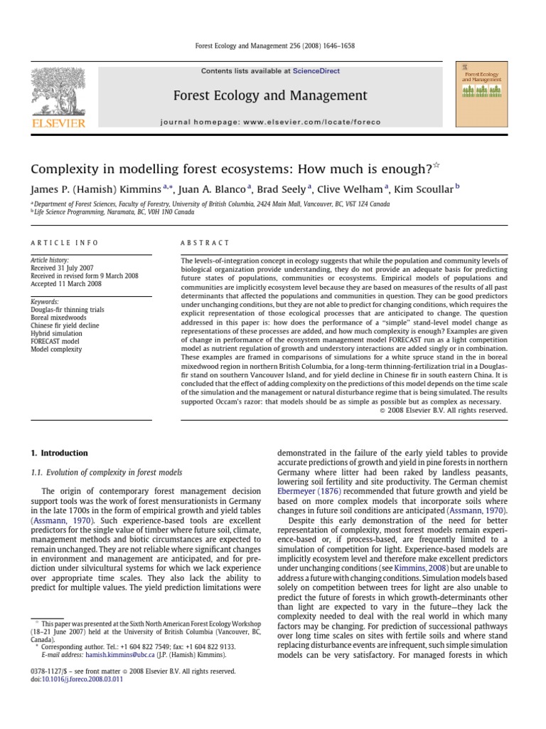 Forest Ecology and Management: James P. (Hamish) Kimmins, Juan A ...
