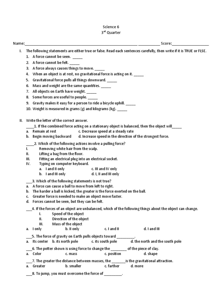 Science 6 3 Quarter Name: - Score | PDF | Weight | Gravity