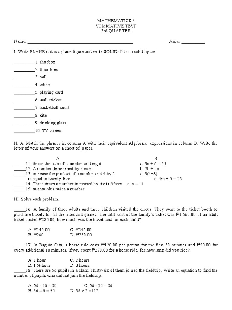 MATH 6 3rd Quarter | PDF | Mathematical Analysis | Mathematical Objects