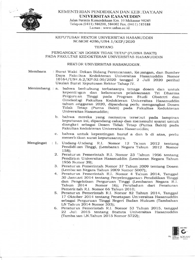 SK Dosen Tidak Tetap Purna Bakti 2020 | PDF