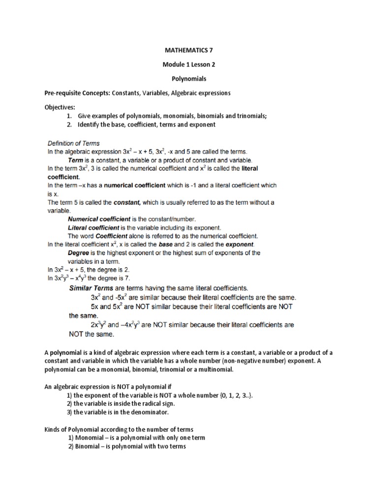 Mathematics 7 Module 1 Lesson 2 Polynomials Pre-Requisite Concepts: Constants, Variables ...