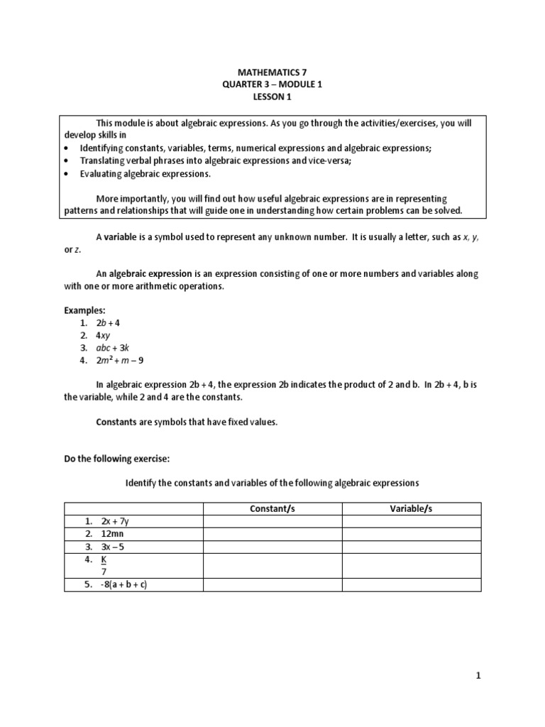 Mathematics 7 Quarter 3 - Module 1 Lesson 1 | PDF | Variable ...