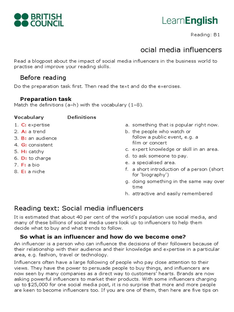 S Ocial Media Influencers: Before Reading | PDF | Social Media ...