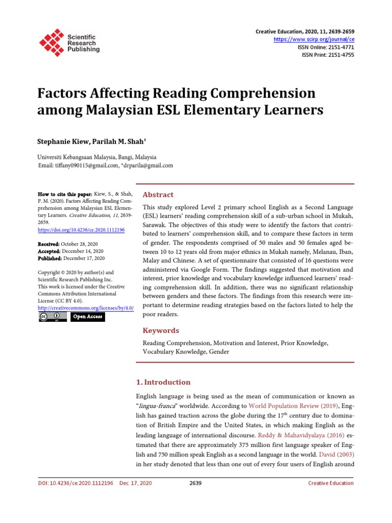 Factors Affecting Reading Comprehension Among Malaysian ESL Elementary ...