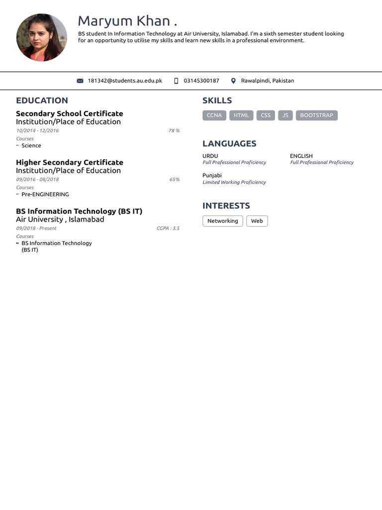 Maryum Khan .: Education Skills | PDF