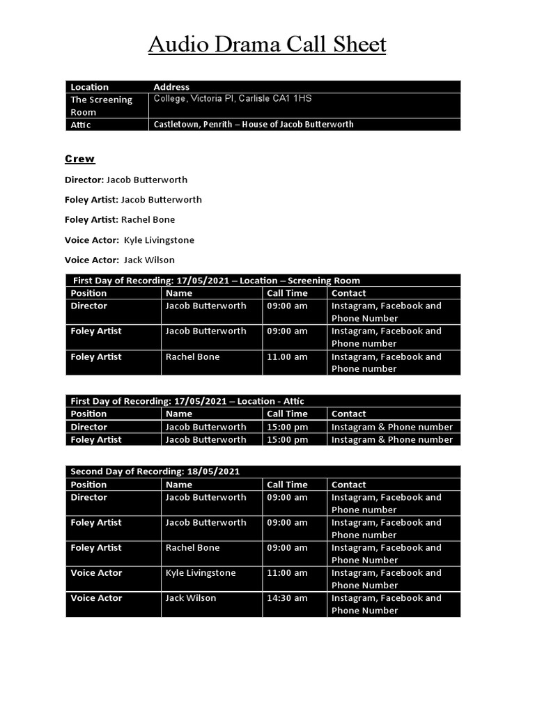 Audio Drama Call Sheet | PDF