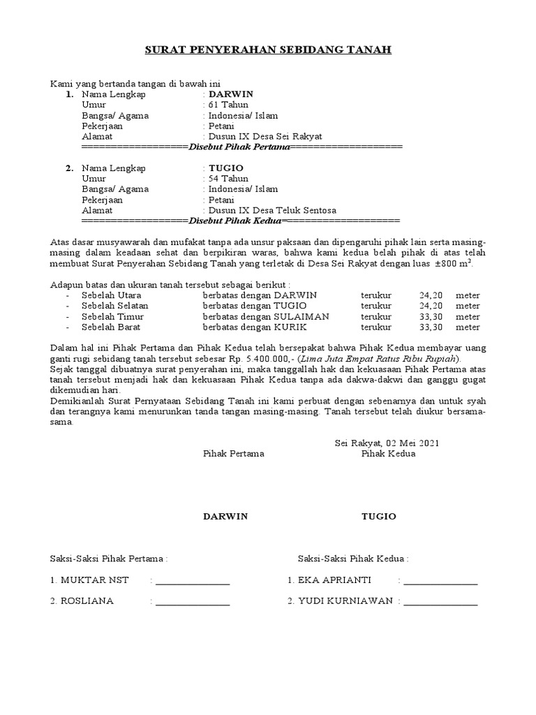 Surat Penyerahan Sebidang Tanah Tugio | PDF | Ilmu Sosial