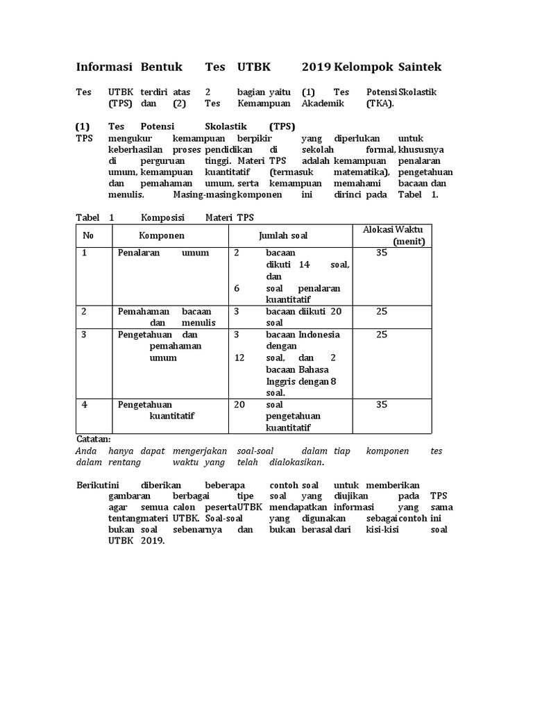 Contoh Tes UTBK TPS TKA Saintek | PDF