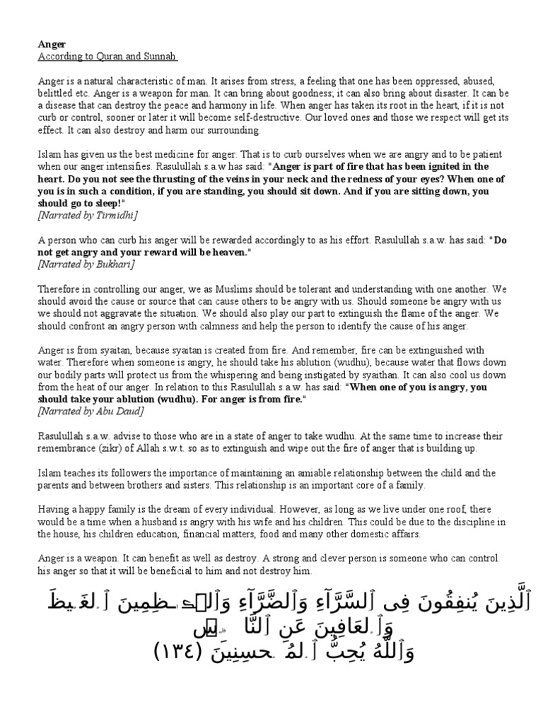 Anger - According To Quran and Sunnah | PDF | Anger | Hadith