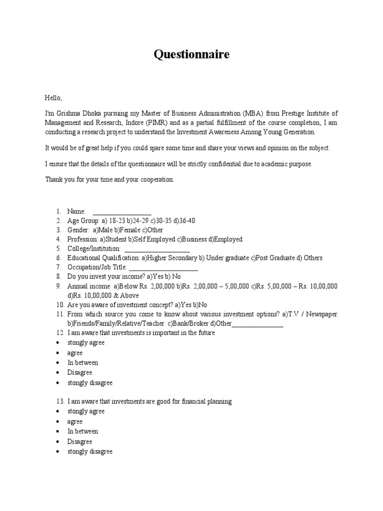 Questionnaire On Investment Awareness Among Young Generation | PDF ...