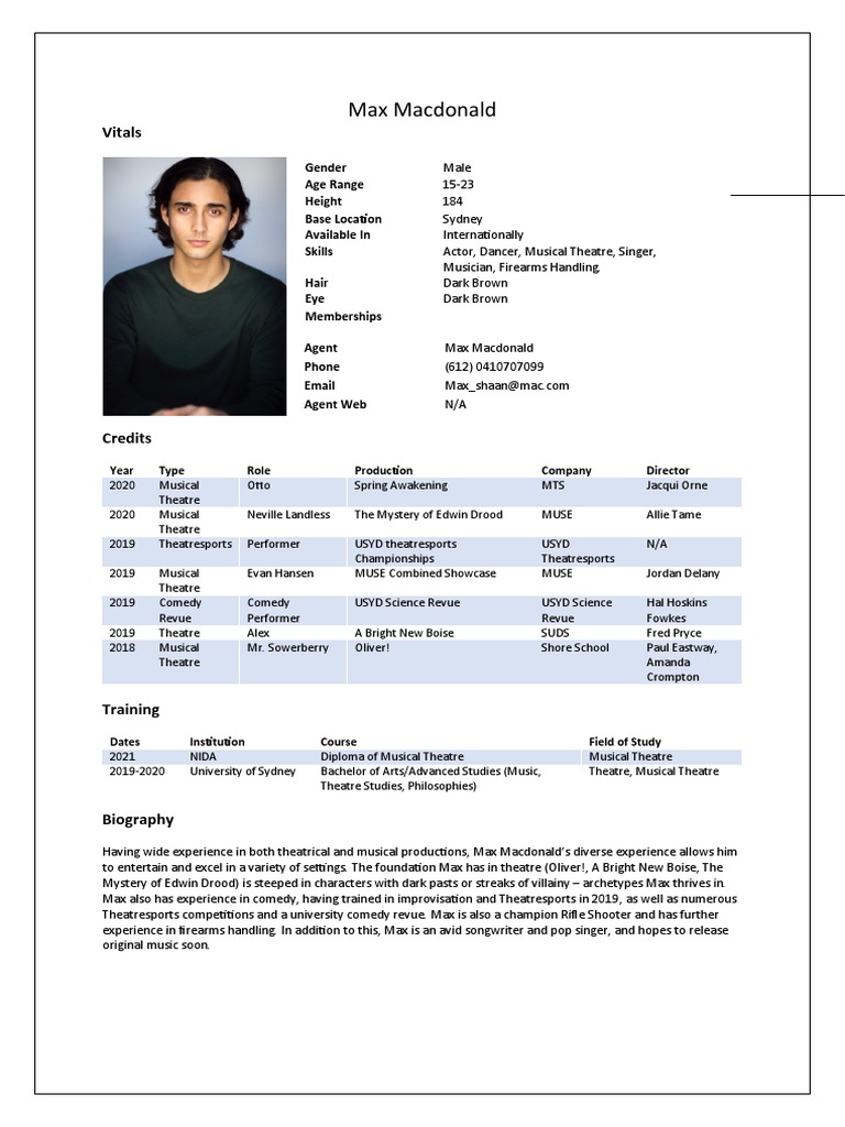 Max Macdonald Actors CV 2021 | PDF | Theatre | Performing Arts