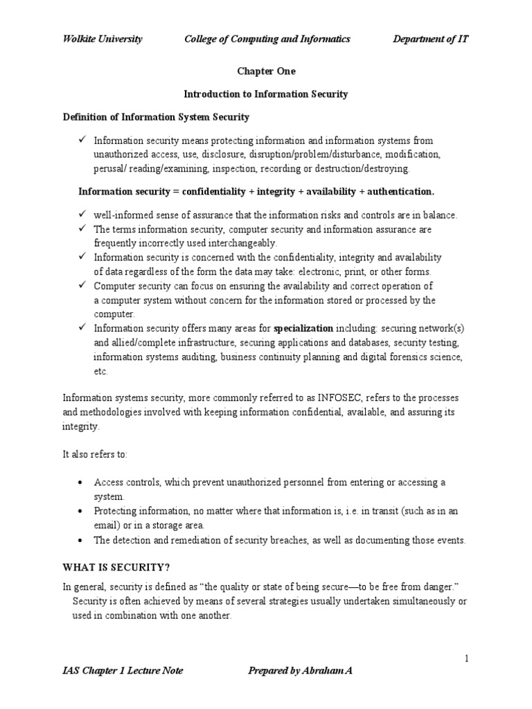 Chapter One Introduction To Information Security Definition of ...