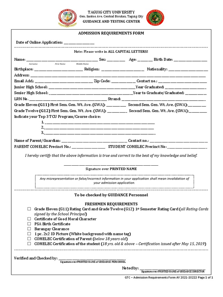 Admission Requirements Form | Download Free PDF | Business