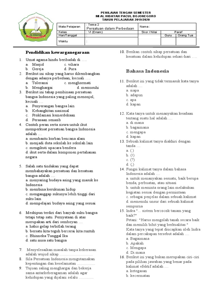 Soal PTS Tema 2 2019-2020 | PDF | Karier & Perkembangan | Kajian Bahasa Asing