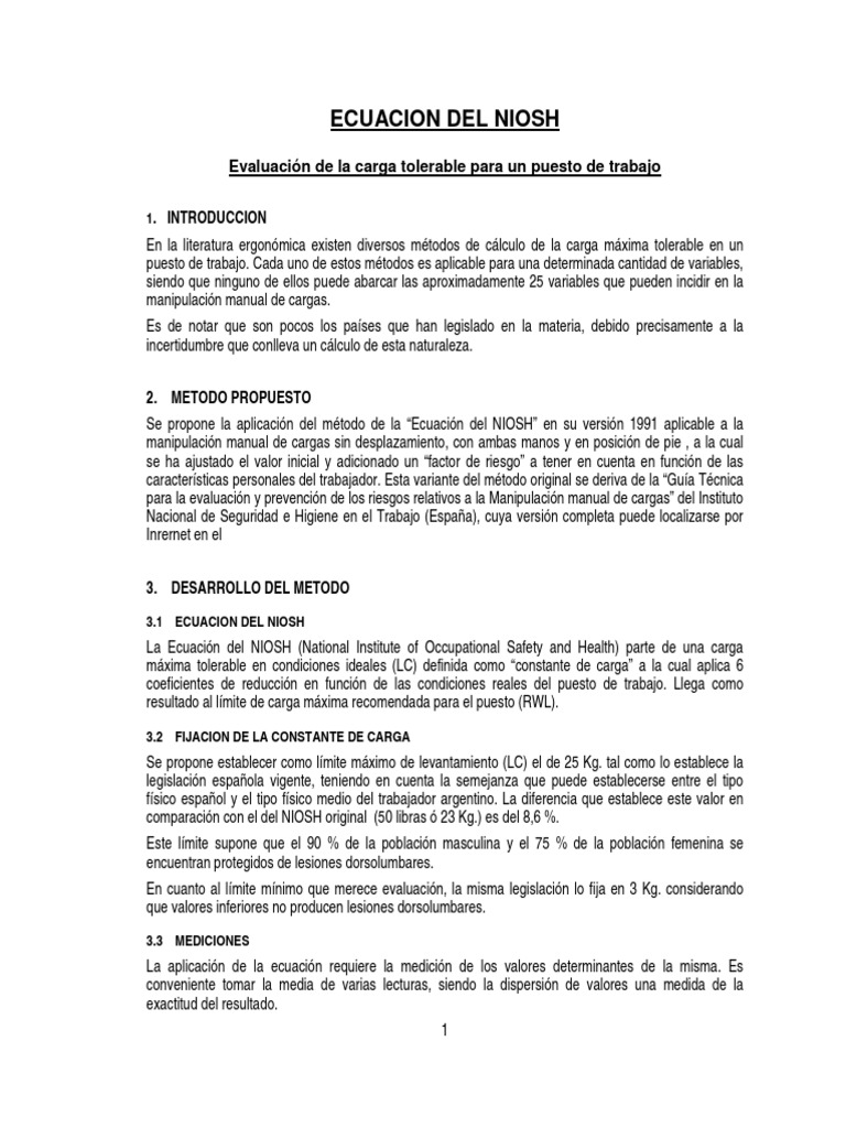 Ecuacion Niosh | PDF | Kilogramo | Ecuaciones