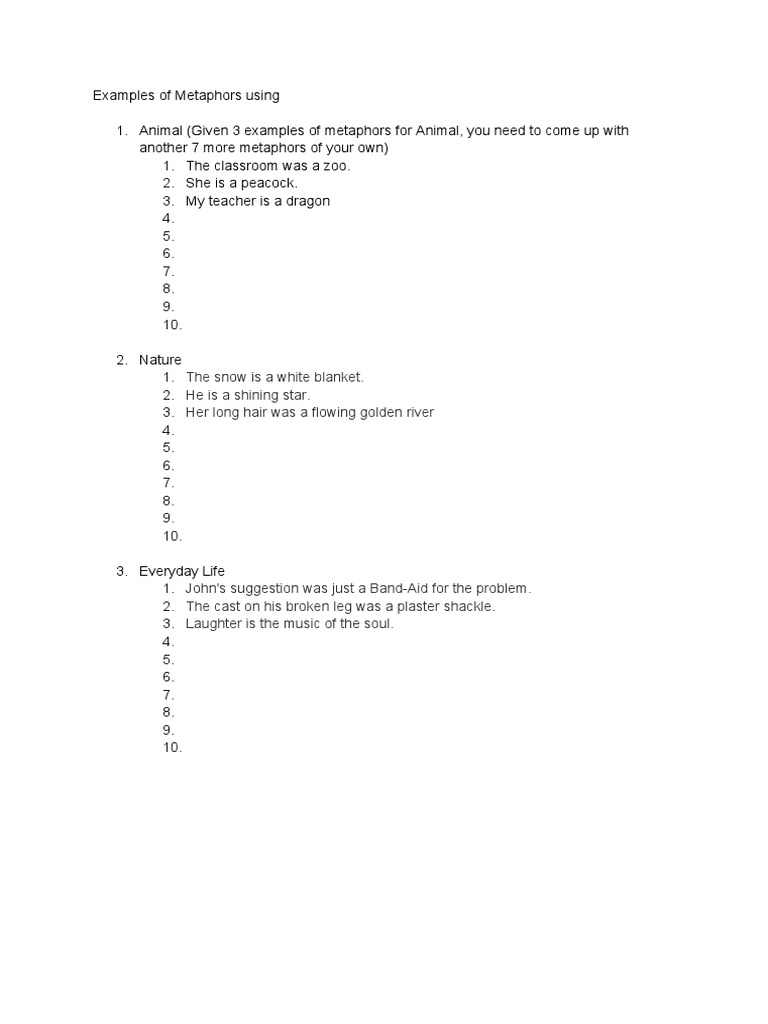 Metaphor Examples for Animals, Nature, Life | PDF