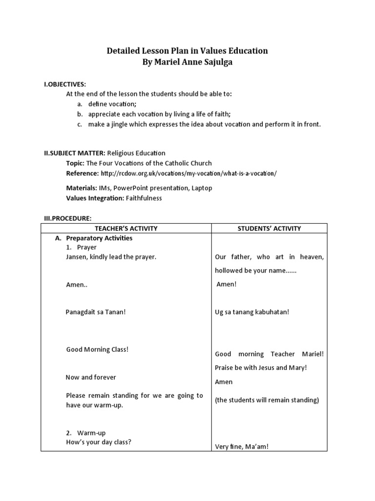 Detailed Lesson Plan in Values Education | PDF | Priest | Minister ...