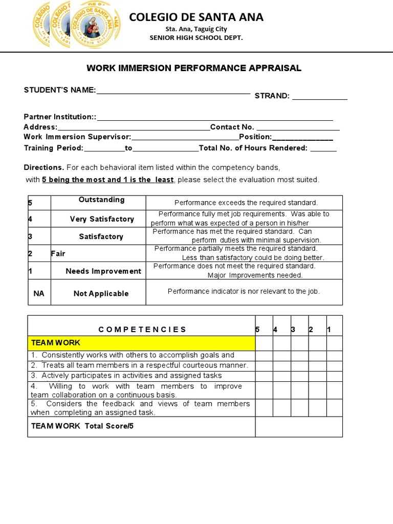 Work Immersion Appraisal | PDF | Performance Appraisal | Psychological Resilience