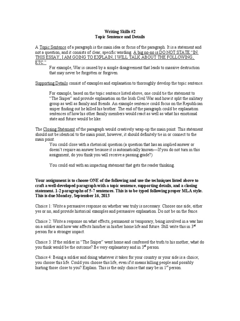 The Sniper Writing Topics | PDF | Paragraph | Question