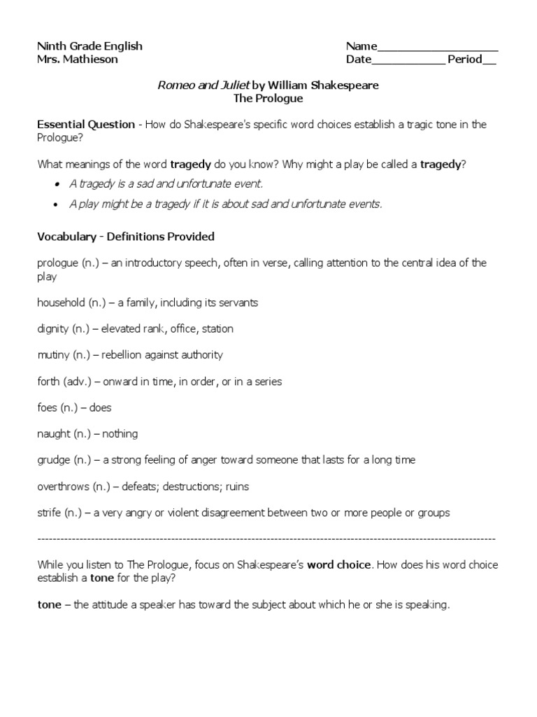 Romeo and Juliet - The Prologue - Key | PDF | Romeo And Juliet ...