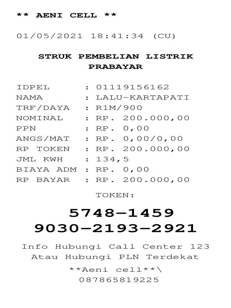 Contoh Struk Token Listrik | PDF | Pengelolaan Keuangan & Uang | Komputer