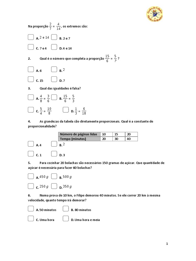 Proporção E Razão 6º Ano Pdf