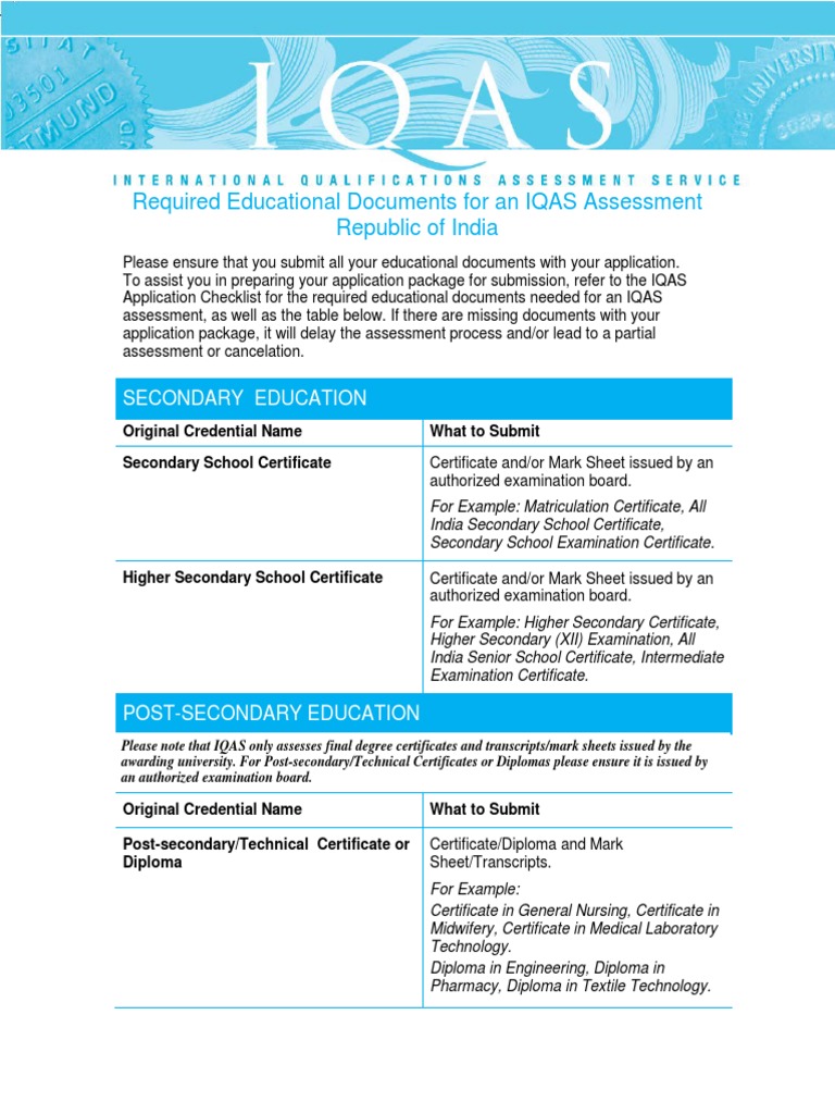 IQAS Assessment Document Requirements | PDF | Diploma | Academic Degree