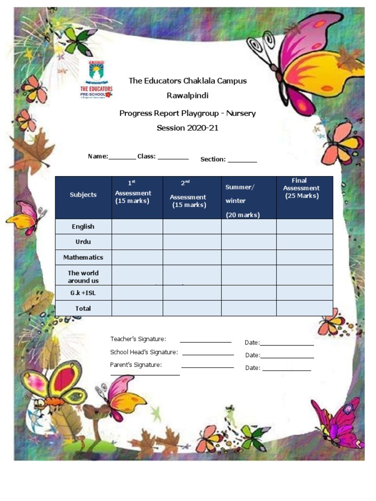 Progress Report for Playgroup and Nursery Students at The Educators ...