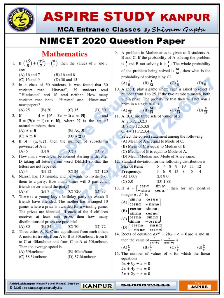 NIMCET 2020 Question Paper and Answer Key | Download Free PDF ...