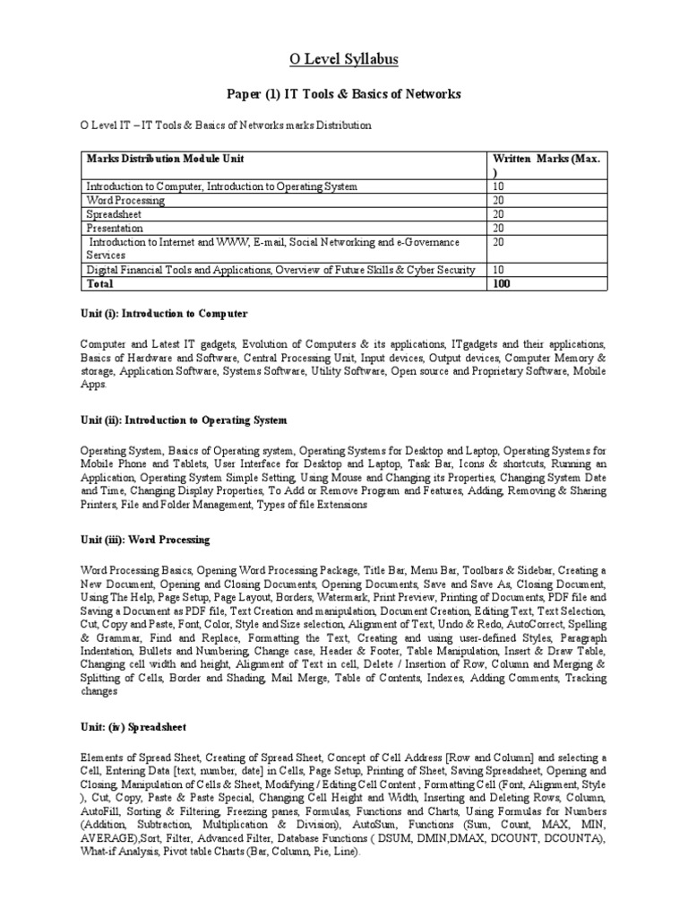 O Level Syllabus: Paper (1) IT Tools & Basics of Networks | PDF | Html ...