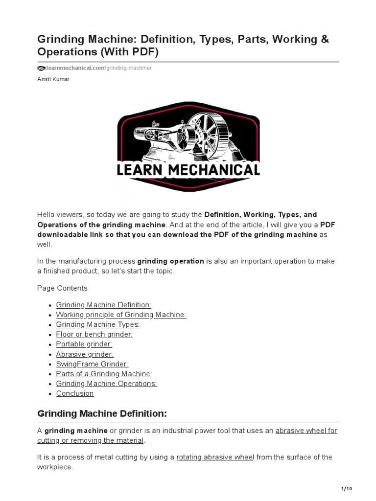 Grinding Machine Definition Types Parts Working Operations With PDF | PDF