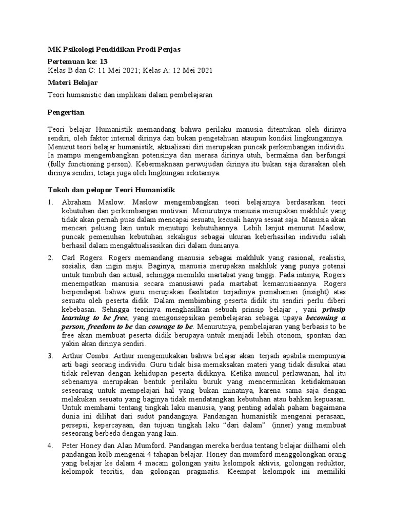 Materi 13 Psi. Pendidikan Teori Humanistik | PDF