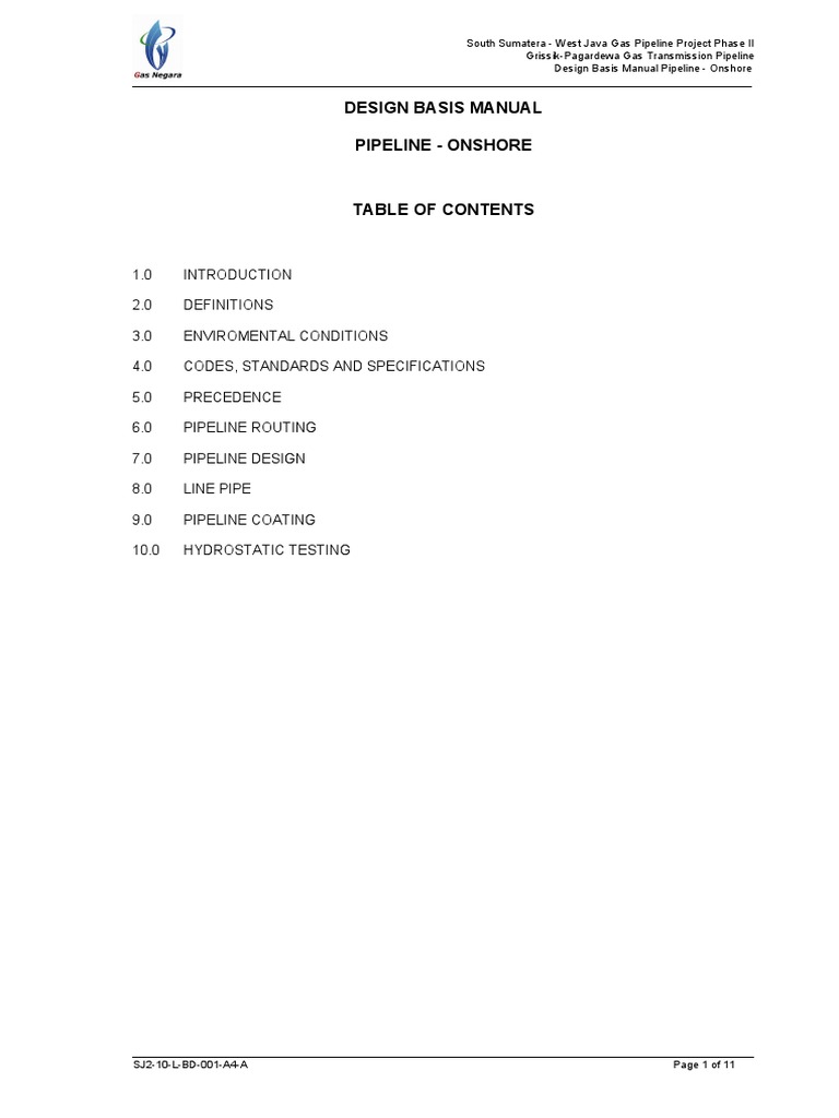 SJ2 10 L BD 001 A4 - Rev.a Text Design Basis Manual Pipeline - Onshore | PDF | Pipe (Fluid ...