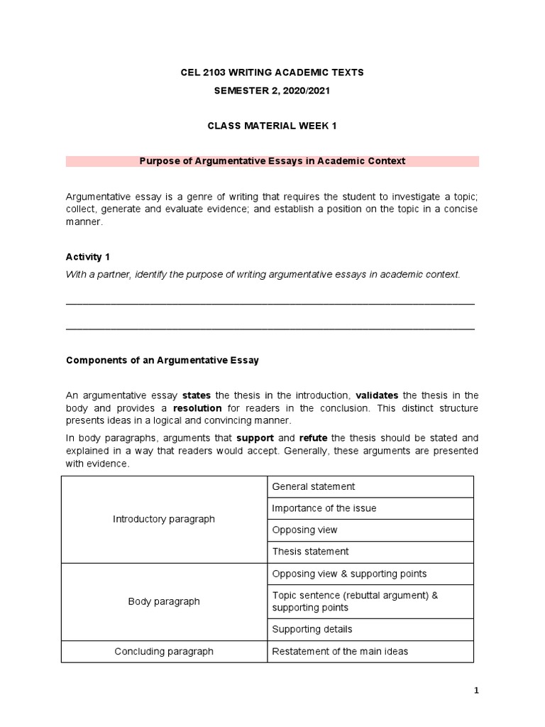 CEL2103 CLASS MATERIAL WEEK 1 - INTRODUCTION TO ARGUMENTATIVE ESSAYS ...