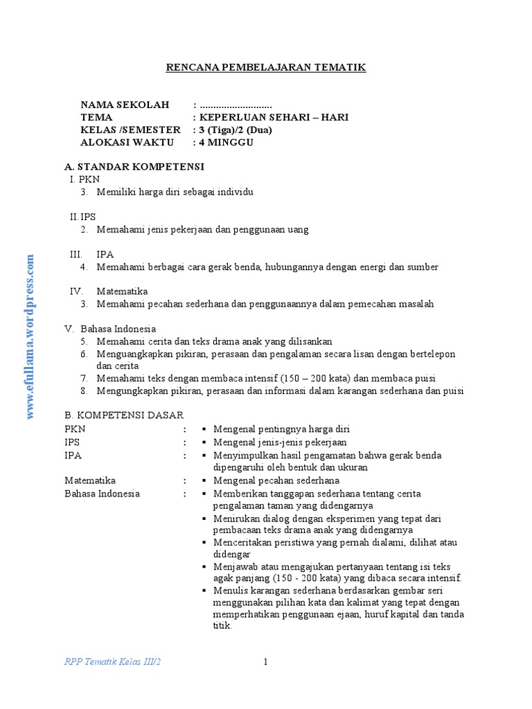 RPP Tematik Berkarakter SD Kelas 3 SMT 2 Tema Keperluan Sehari Hari | PDF