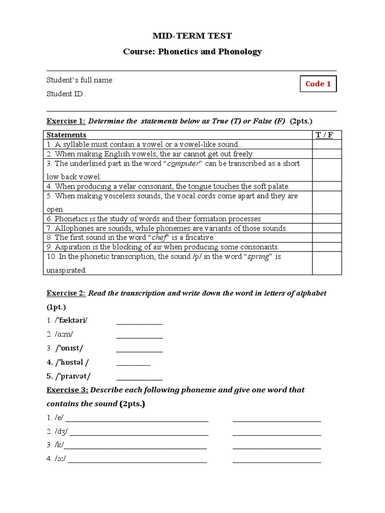 PHONETICS AND PHONOLOGY - Mini Test 1 | PDF | Phonetics | Consonant